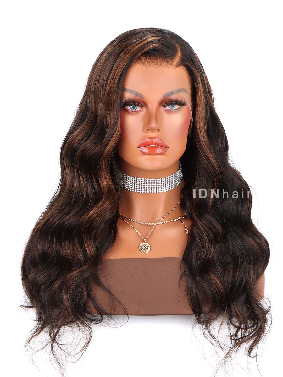 HD Lace Wig Glueless Lace Front Highlight Brown Human Hair Wavy – IDNhair